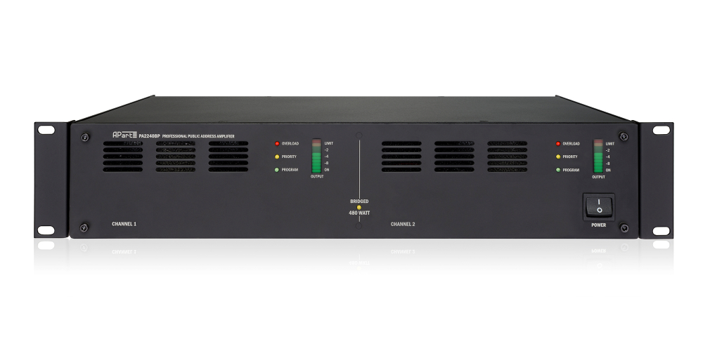 Усилитель BIAMP [PA2240BP] (APART) 2-канальный, трансляционный: 2х240Вт (4Ом/100В); 2х120Вт(8Ом). Bridge:480Вт(8Ом/100В). Вх.(Euroblock): 2хLINE;2хприоритетных("сухие контакты"). Вых: Euroblock. 2U.