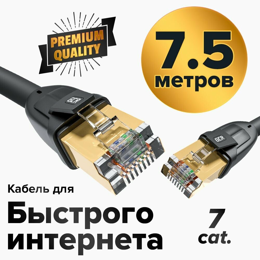 GCR Патч-корд PROF кат.7 ethernet 7.5 метров F/FTP RJ45 CU 28 AWGэкранированные коннекторы сетевой черный кабель для интернета (GCR-FTP701)