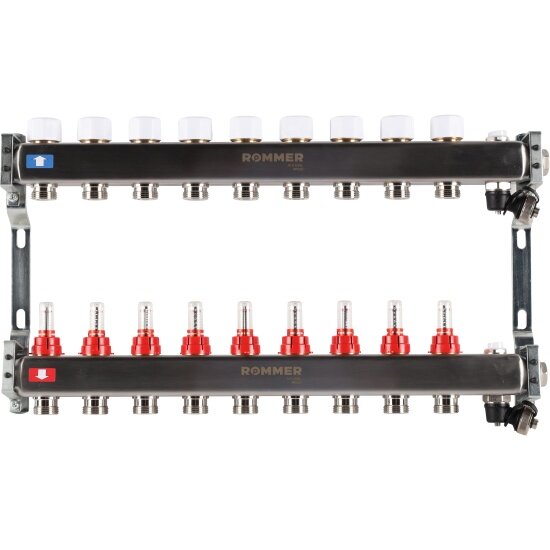 Коллектор Rommer с расходомерами, с клапаном вып. воздуха и сливом 9 вых.