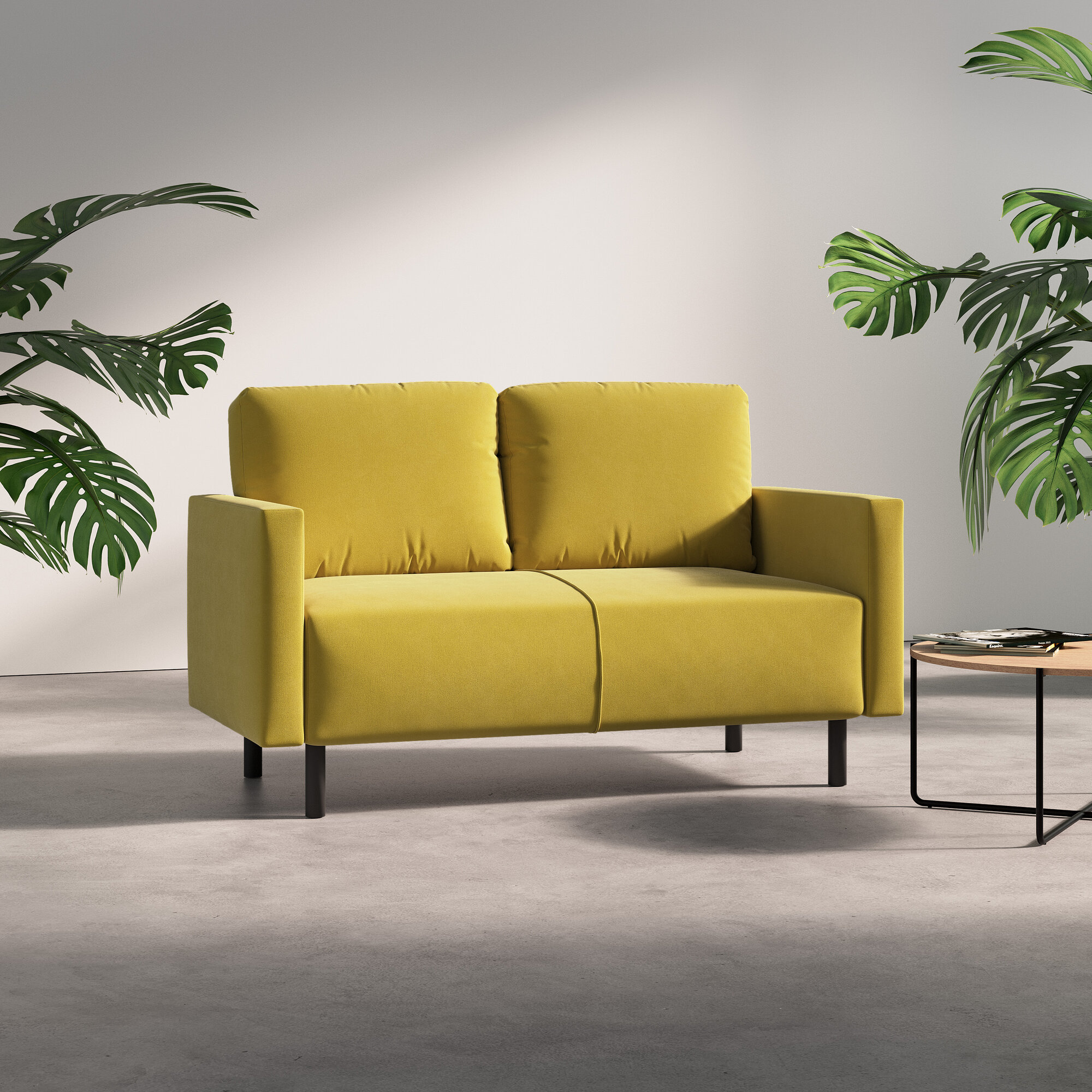 Диван Сканди, на кухню, в офис, 120 см, антивандальный велюр, горчичный