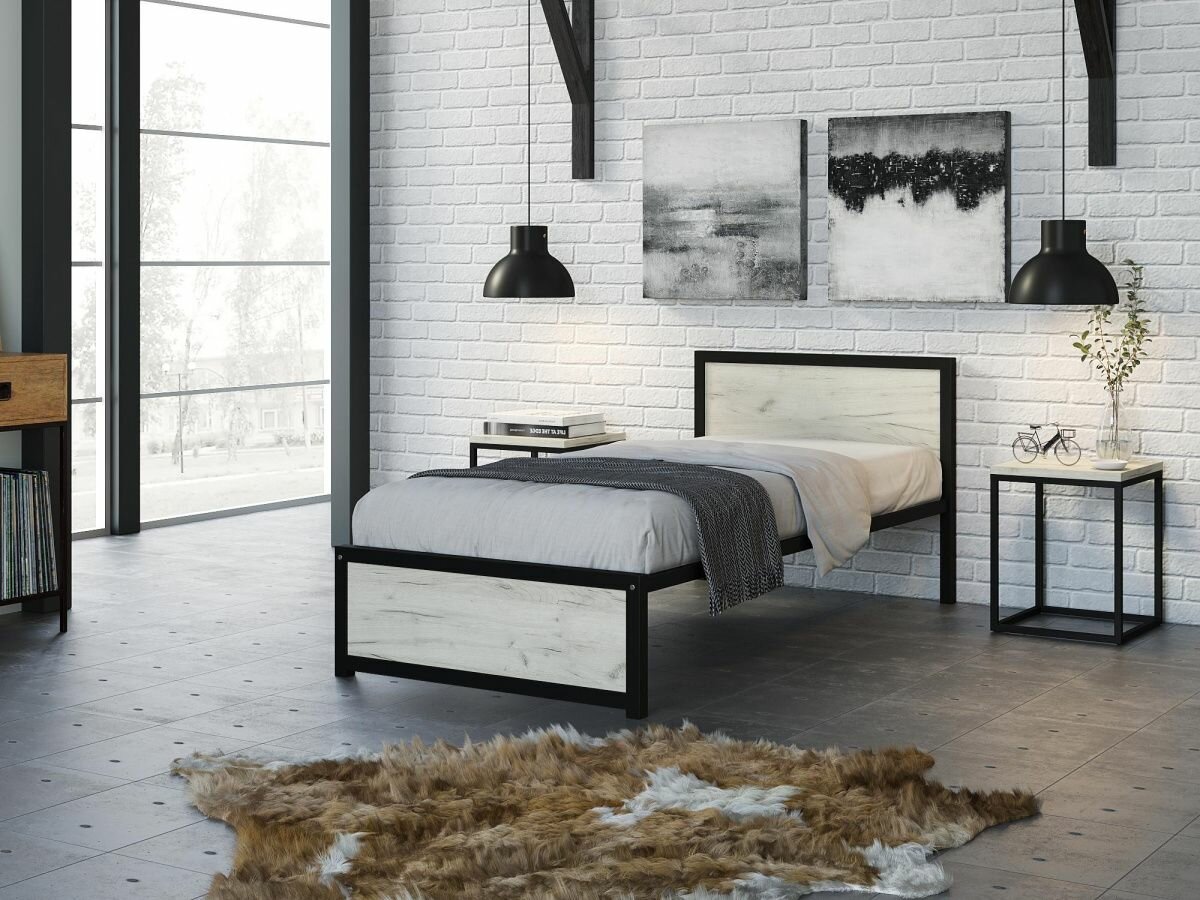 Кровать металлическая Титан Лофт 90х200 черный/дуб крафт белый