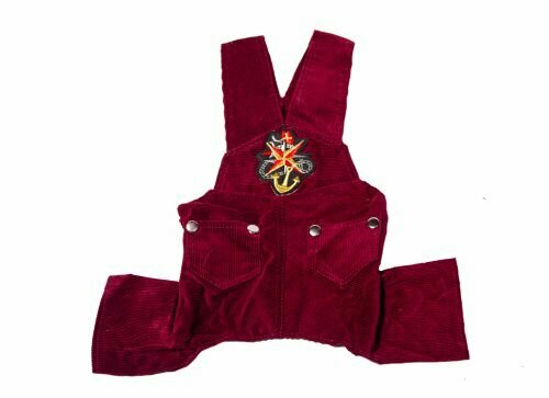 Штаны-джинсы вельвет для собак мелких пород, нашивка Якорь, размер S, цвет бордовый