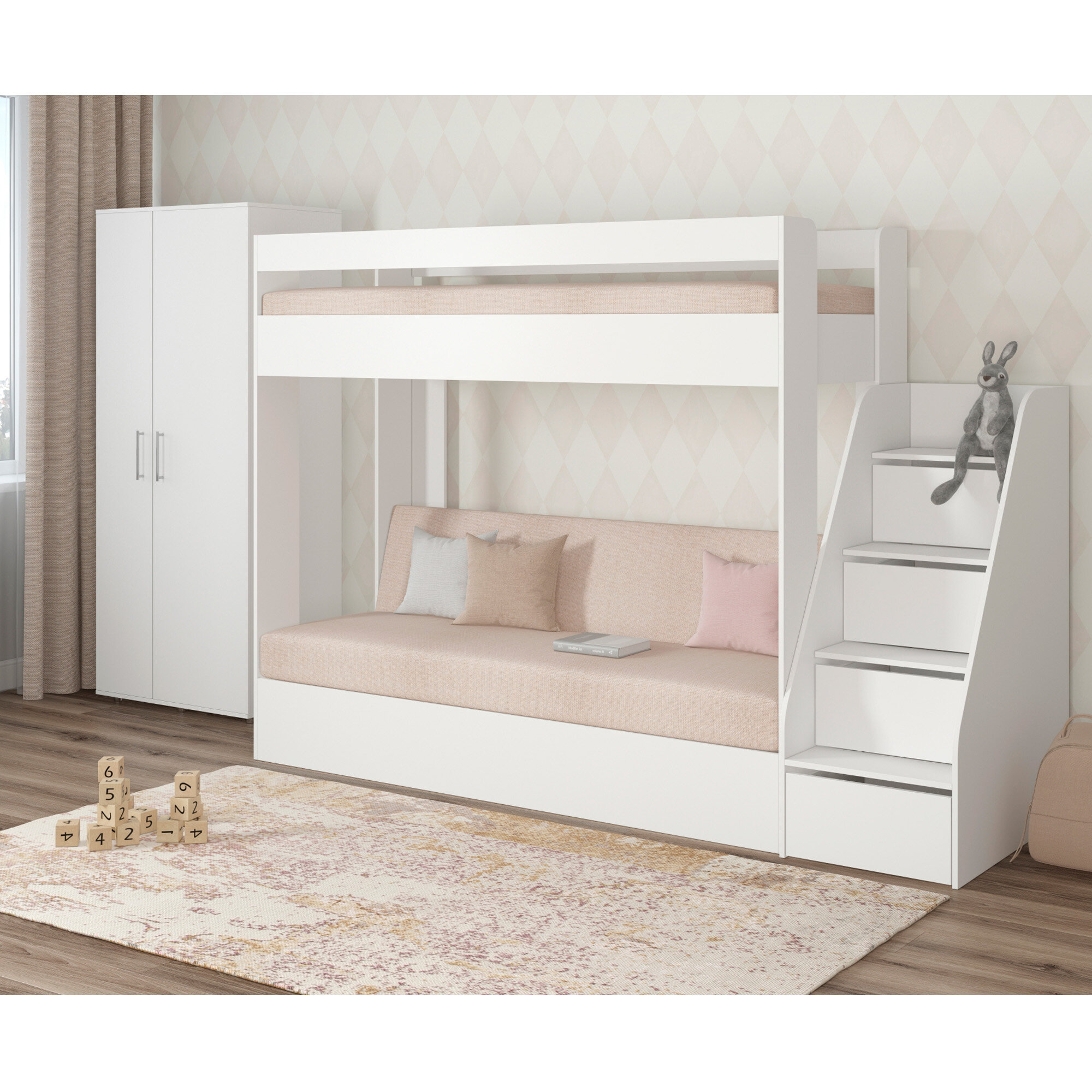 Кровать двухъярусная с диваном и лестницей-комодом Есэндвич new Лаворо (Белый/Savana Plus Ivory)