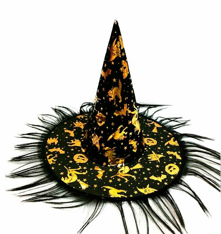 Колпак Ведьмы, с нечистой силой, с бахромой, черный, текстиль, металл, длина 40 см, для Хэллоуина.