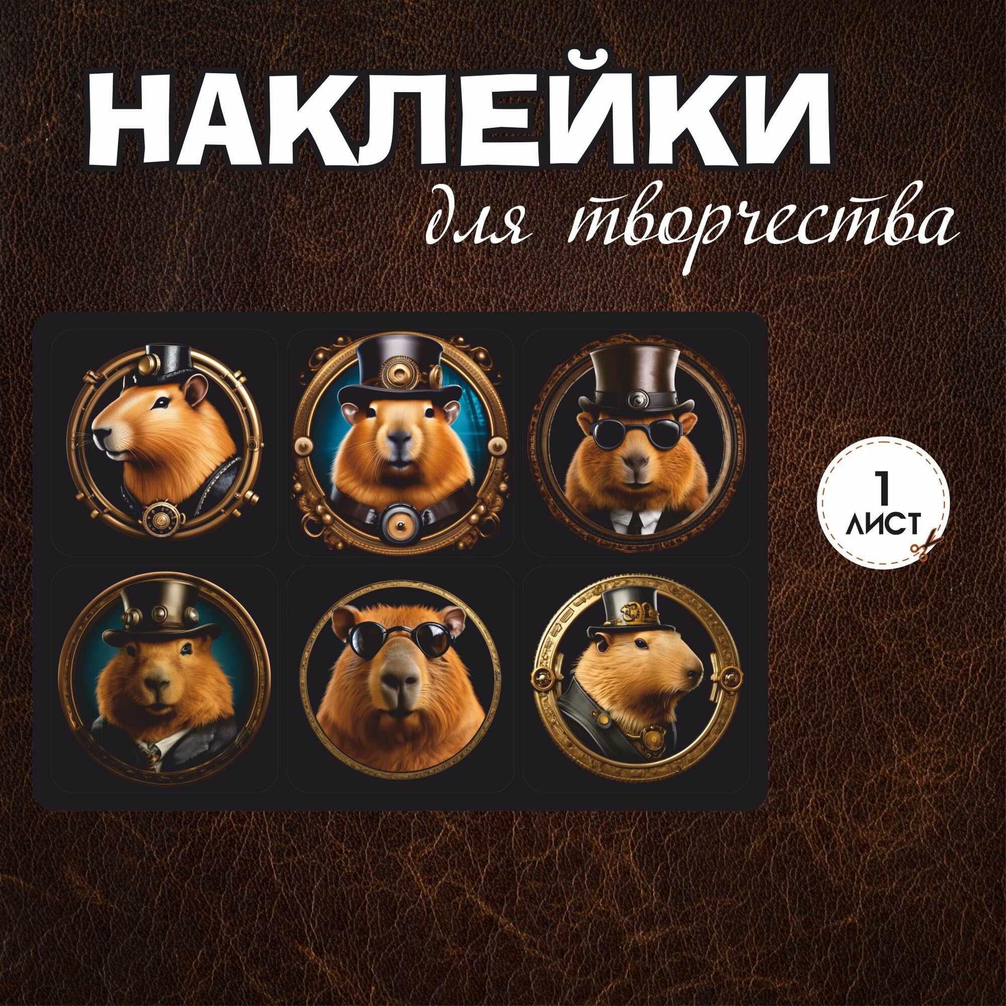 Набор наклеек RiForm "Капибара в стиле стимпанк", 1 лист по 6 наклеек, 5х5см