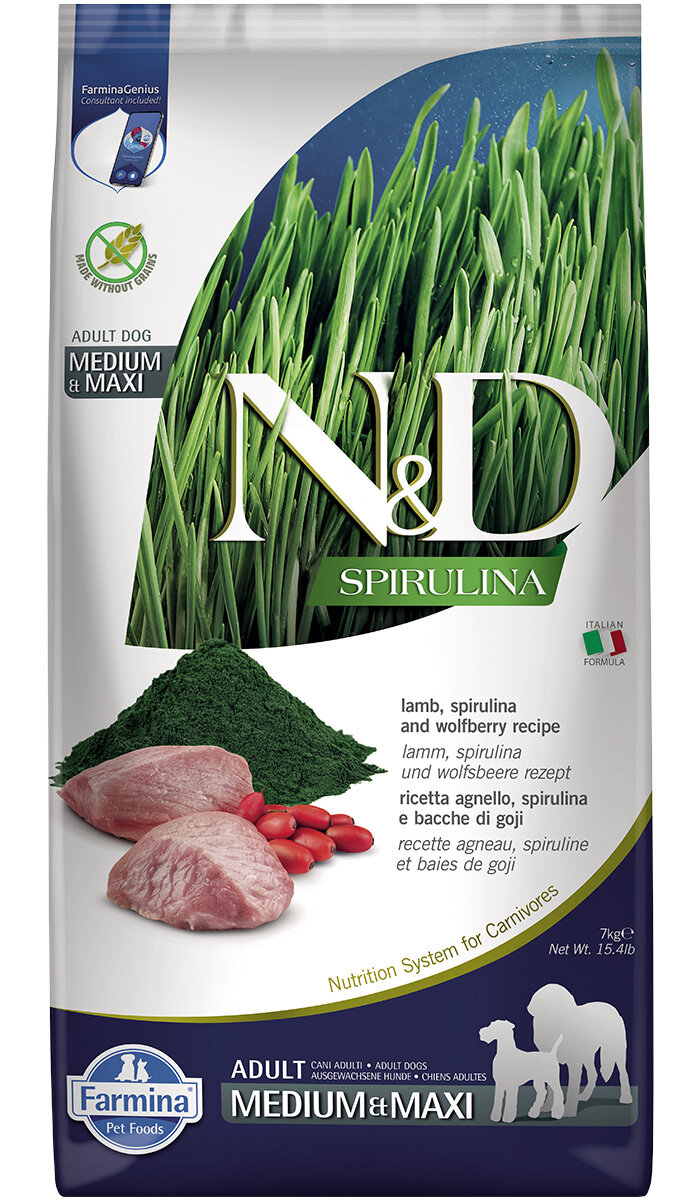 FARMINA DOG N&D GF SPIRULINA ADULT MEDIUM&MAXI LAMB&WOLFBERRY безз соб ягненок, яг годжи, спирулина 7 кг