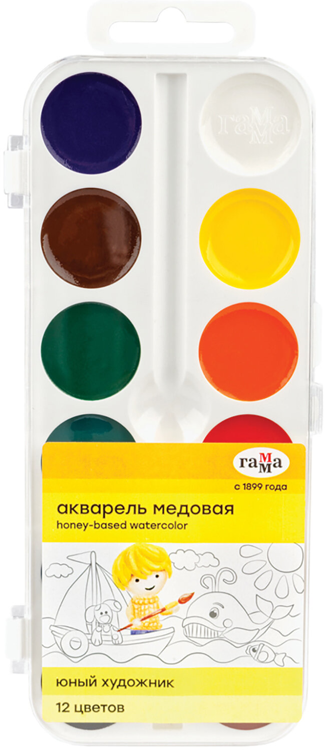 Краски акварельные медовые полусухие Юный художник, 12 цветов