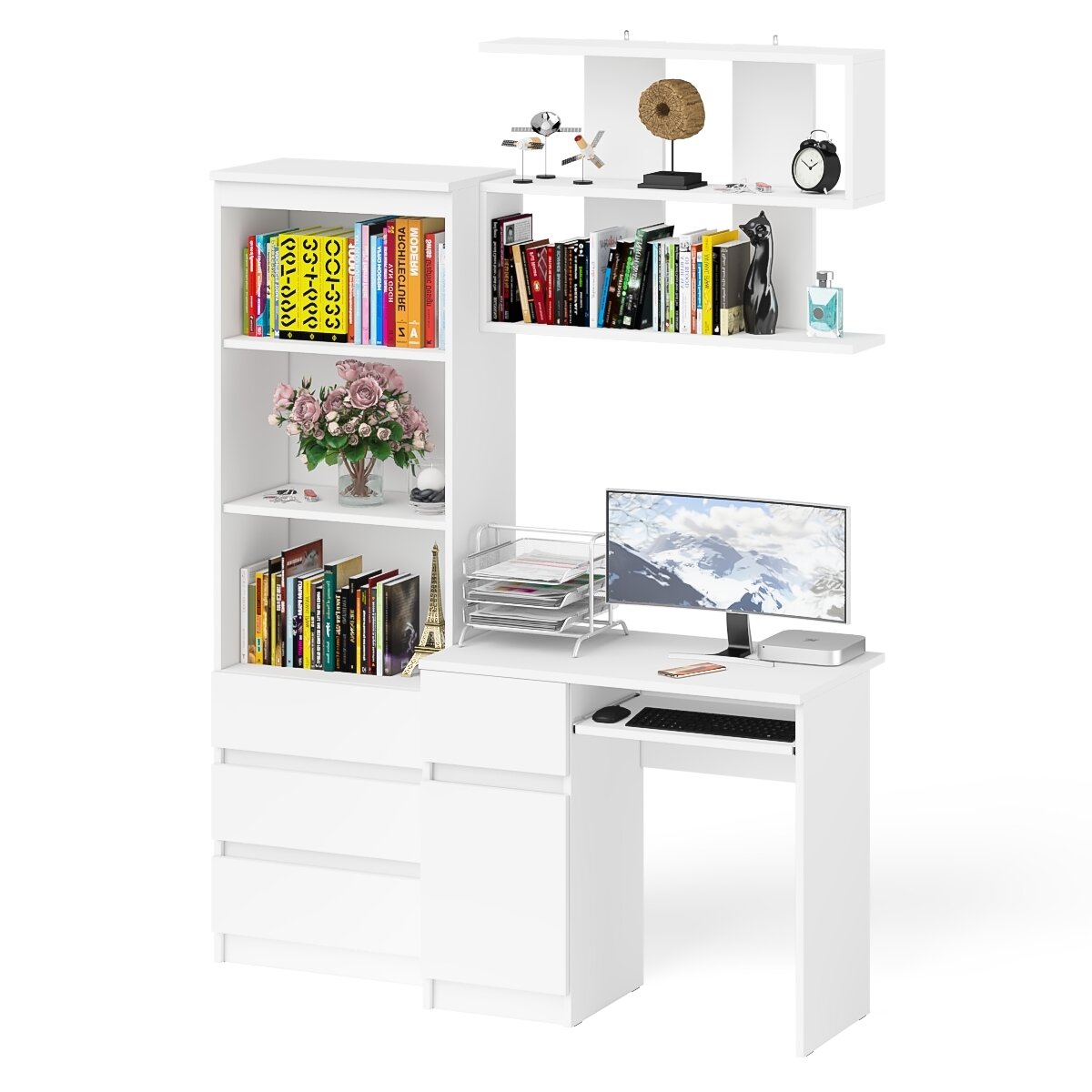 Рабочее место из стола СВК Мори МС-1 левый со стеллажоми и полкой белый