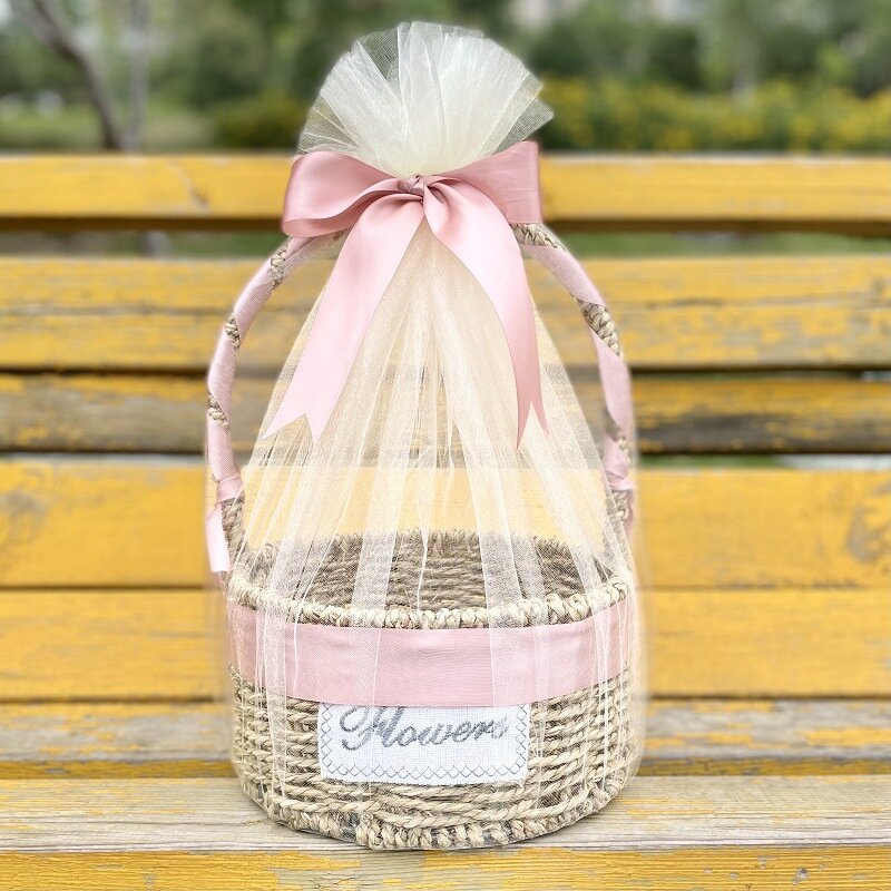 Источник в наличии Круглая соломенная подарочная корзина Happy Shop Портативная корзина для хранения Ротанговая