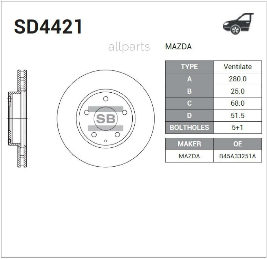 SANGSIN BRAKE SD4421 торм. Диск ПЕР. Вент.280X25 5 ОТВ.(MIN2)