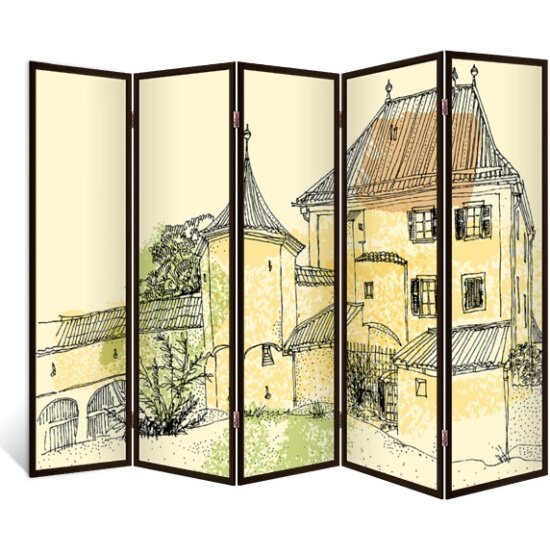 Ширма перегородка Декор Депо для комнаты деревянная "Блутенбургская крепость" двухсторонняя с картинкой (города) 5 створок венге 176х230 см 18 кг