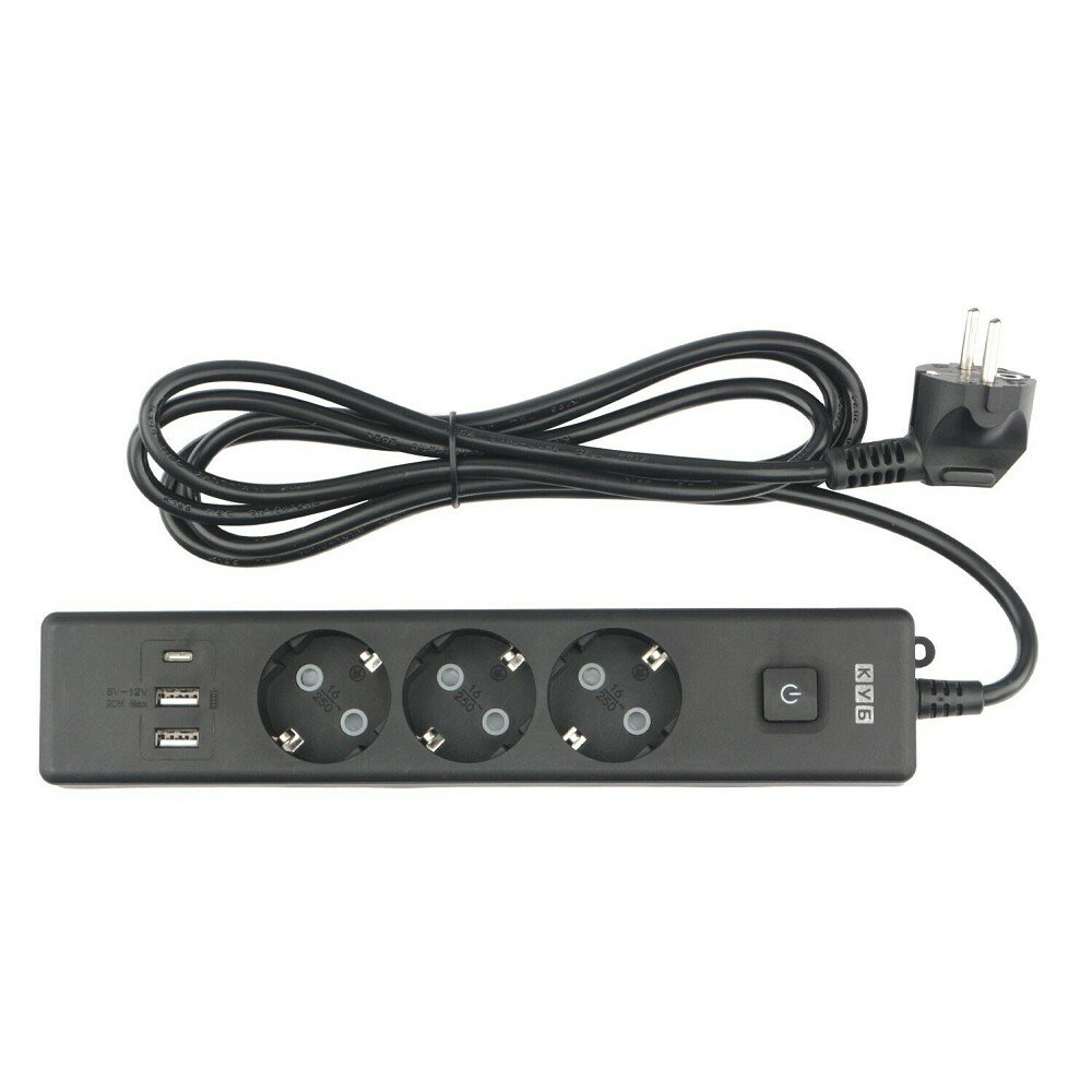 PowerCube Сетевые фильтры Бытовой удлинитель PC-6B-2M 3р с з вык,3USB, 3500 Вт, 16А, 1.9 м, 3 1,0 черный