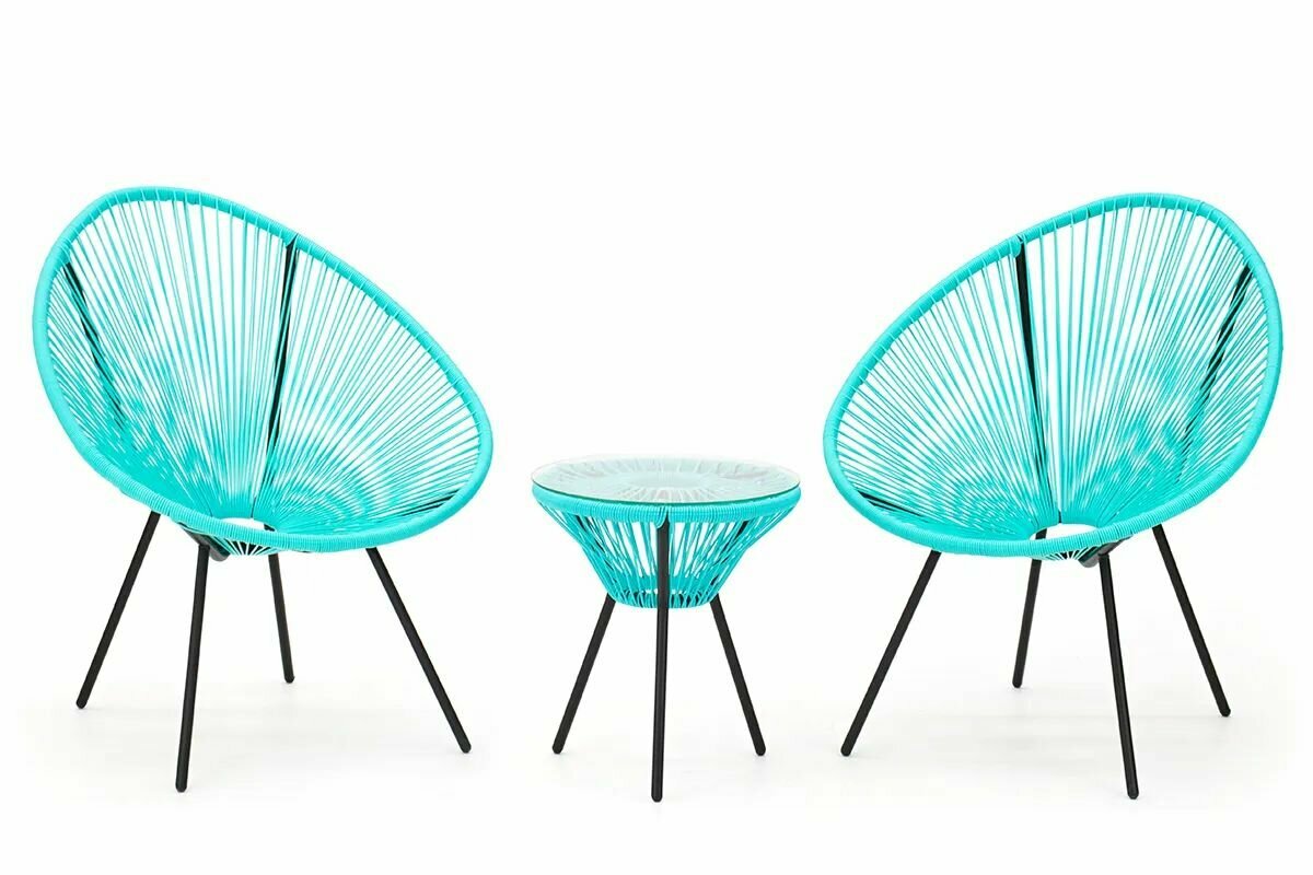 Комплект плетеной мебели KORNERA "Акапулько" на 2 персоны, каркас черный, искусственный ротанг бирюзовый