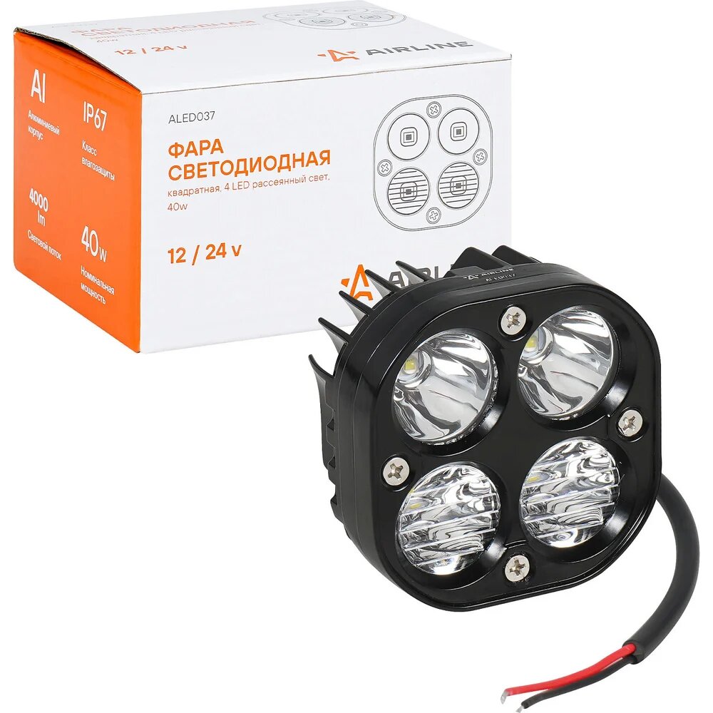 Светодиодная фара Airline квадратная, 4 LED рассеянный свет, 40W (78x78x50) 12/24V ALED037, движения в темное