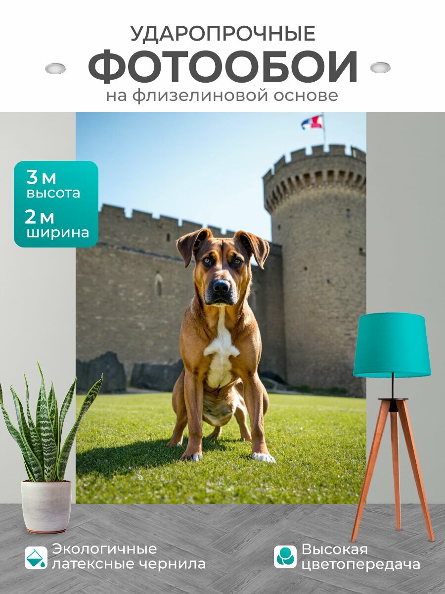 Фотообои моющиеся ударопрочные "Пес, поставленный на фоне старинного замка" 200x300 см. флизелиновые на стену