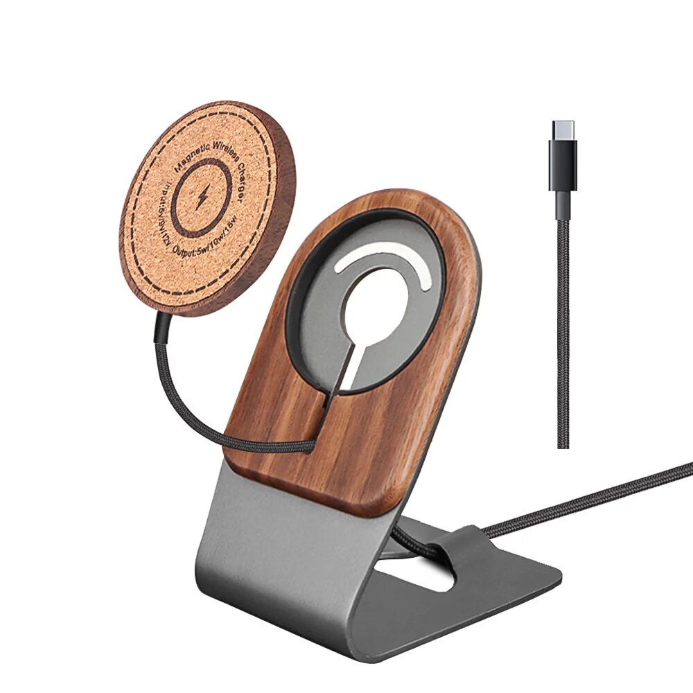Деревянное магнитное Беспроводное зарядное устройство для iPhone12/13/14 серии, деревянная подставка для беспроводного зарядного устройства 15 Вт с кабелем 1 м (без адаптера переменного тока)