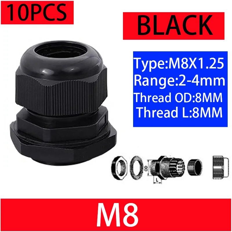Водонепроницаемые кабельные вводы нейлон M8-M32 IP67 M8 Black