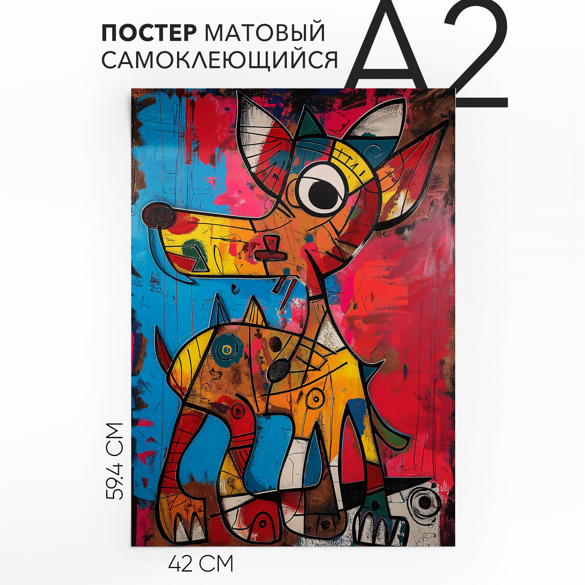 Постеры интерьерные самоклеящийся, большой A2 Собака абстракция, влагостойкий, для декора