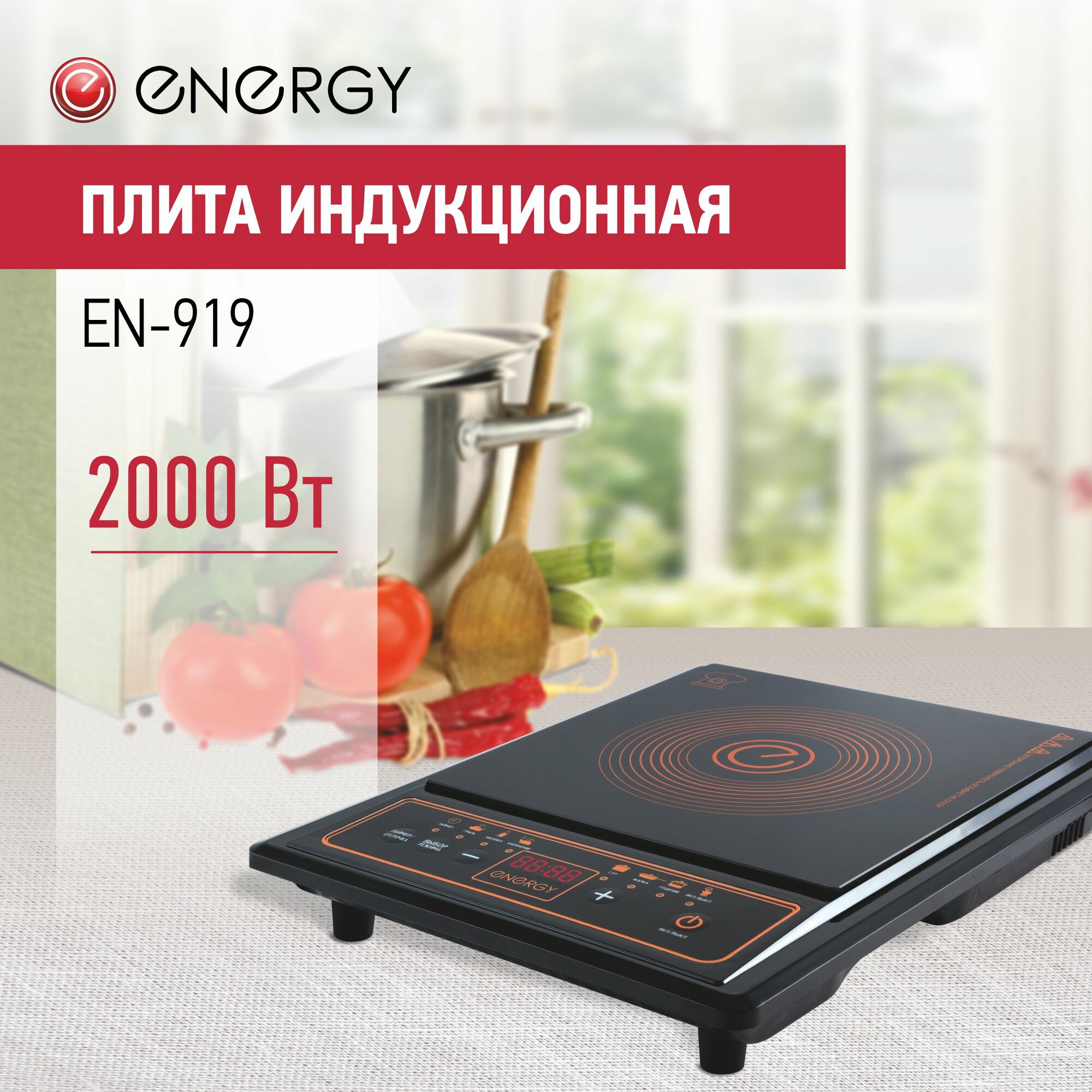 Плита индукционная Energy EN-919, 2000 Вт, 6 режимов готовки, стеклокерамическая поверхность 23.5 х 23.5 см