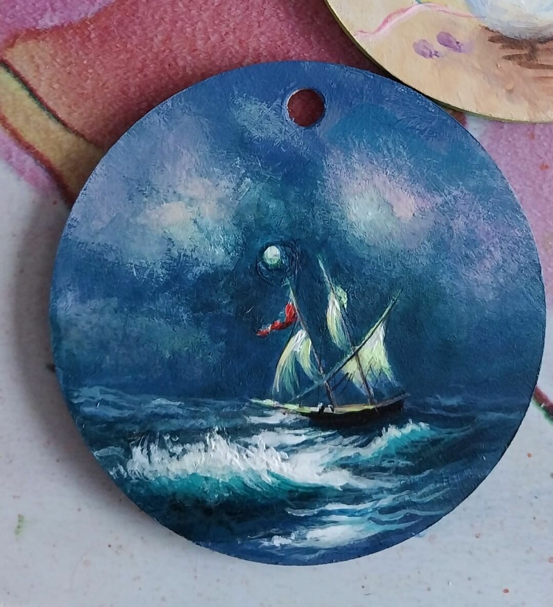 Подвеска картина "Ночное море" реализм, миниатюра, пейзаж,