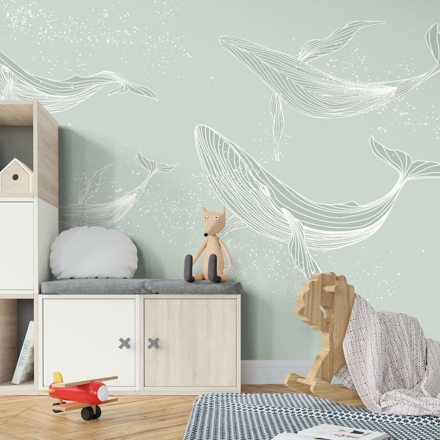 Фотообои Киты на нежном зеленом фоне 14-1214-S-Холст 270 x 200 см (ВхШ) Бесшовные, флизелиновые, влагостойкие обои