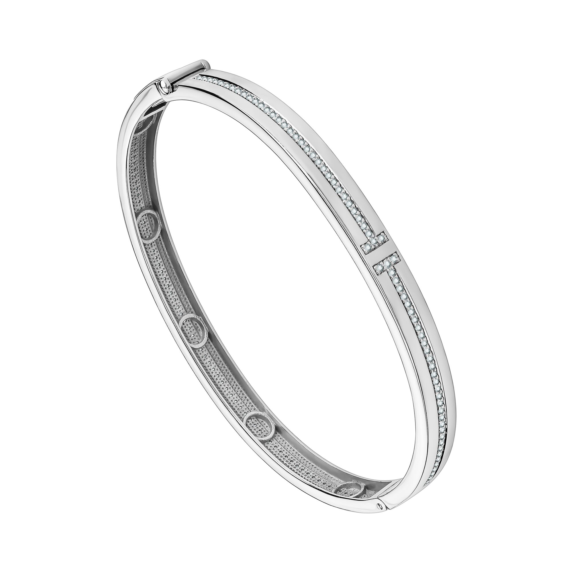 Жесткий браслет, серебро, 925 проба, родирование, фианит