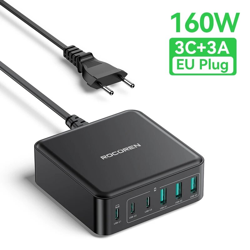 Rocoren 160W 3C+3A USB зарядное устройство EU Plug