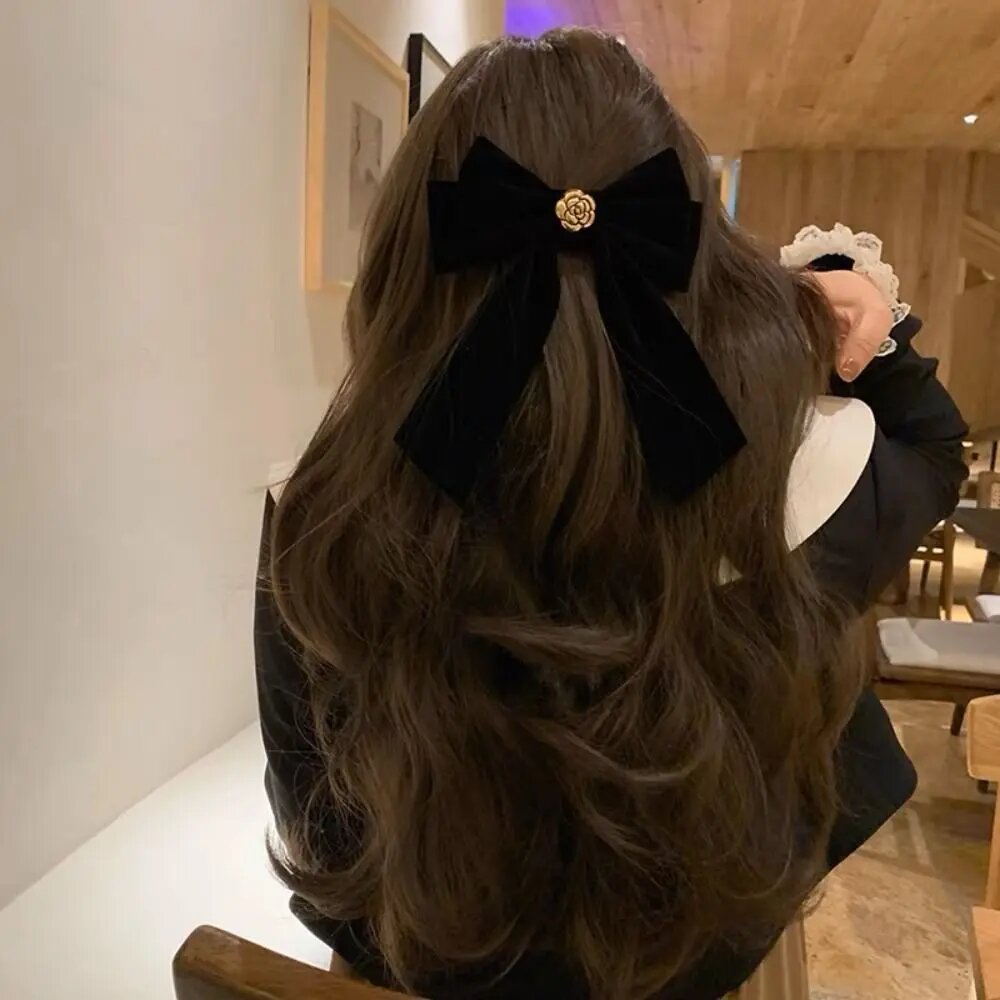 Французский черный бархатный бант для волос