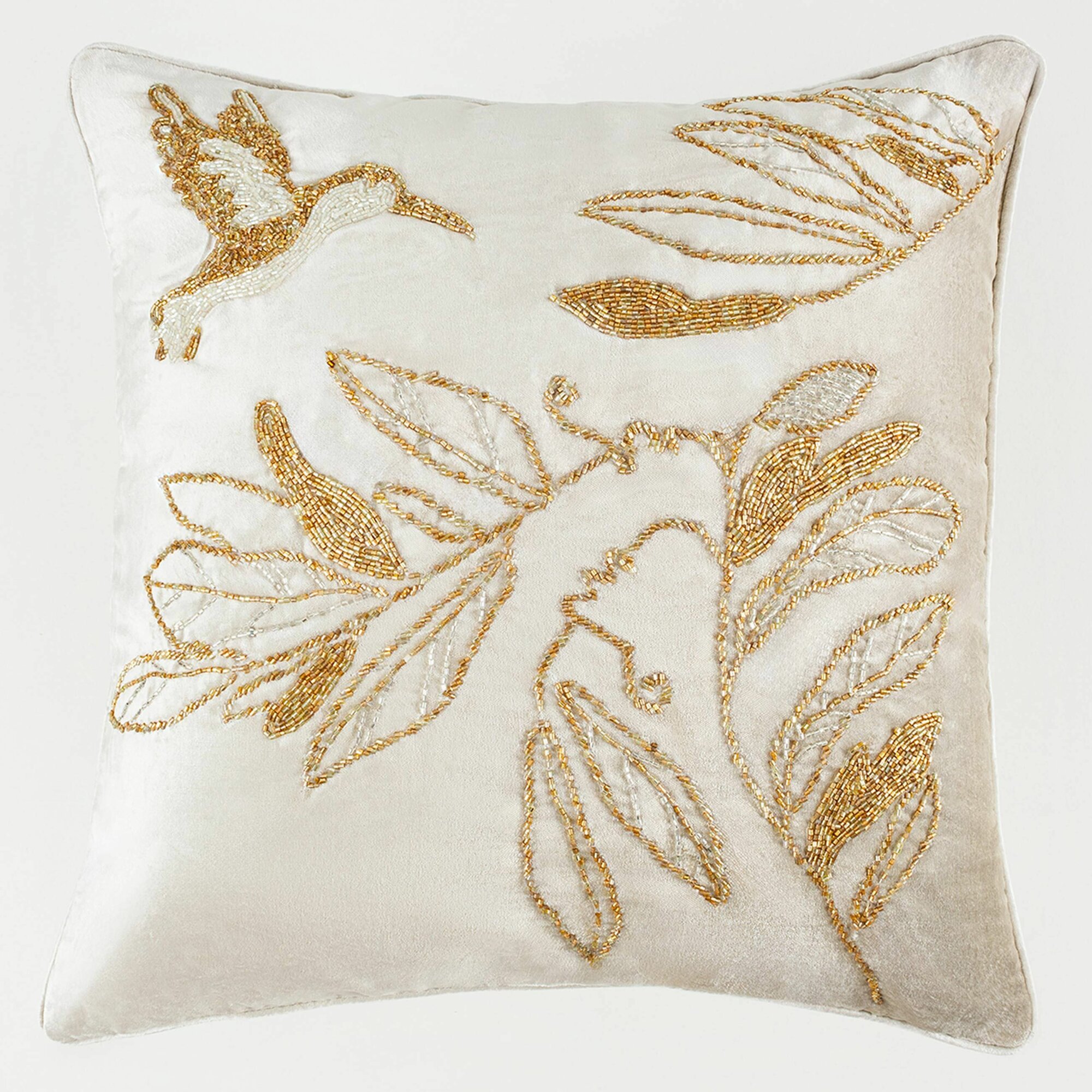 Подушка декоративная, Kuchenland, 50х50 см, вельвет/бисер, песочная, Колибри, Paradise birds