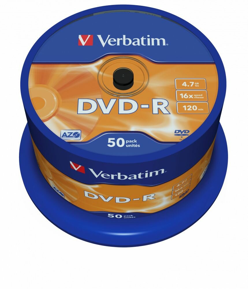 Оптические диски Verbatim DVD-R 4.7 ГБ 16X AZO серебристый матовый 50 шт. на шпинделе