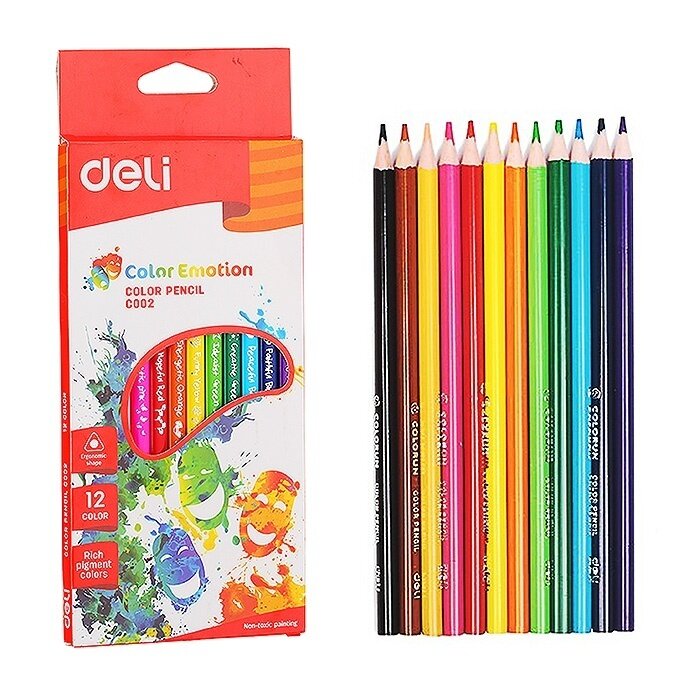 Карандаши цветные Deli 12 цветов, трехгранные, липа (458037)
