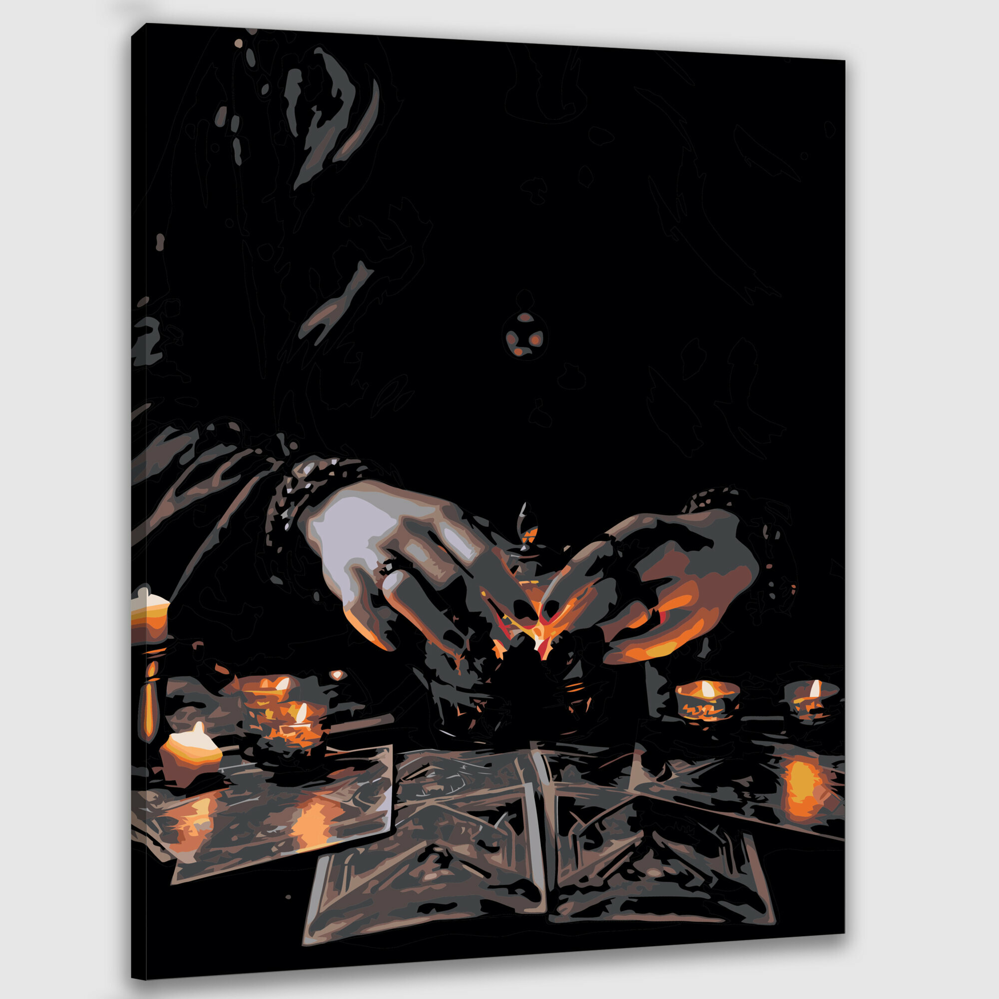 Картина по номерам 40x50 см, руки, гадание, карта, Таро, колечко, браслет, стол, бархат, свеча, тень, предвкушение