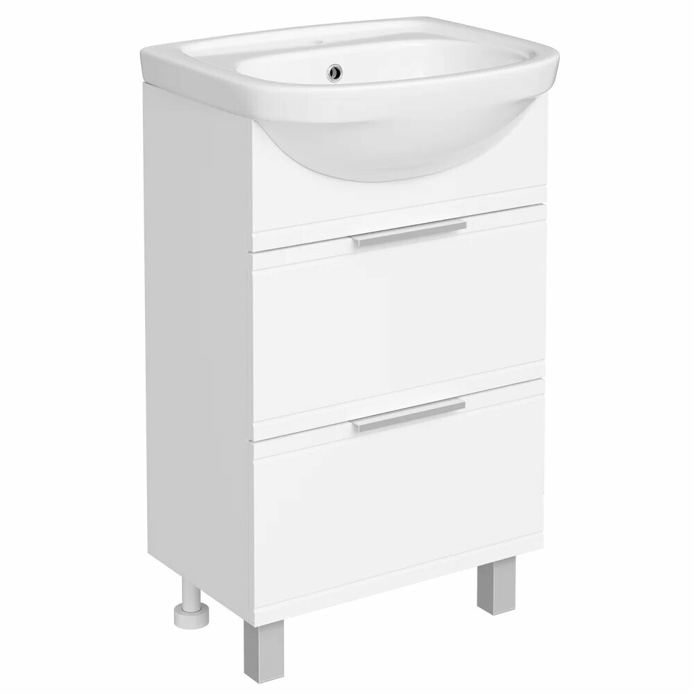 Тумба с раковиной DIWO Дмитров 50 напольная, 51 см, белая, матовая, с ящиками, раковина для ванной, фарфоровая, полукруглая, встроенный слив-перелив