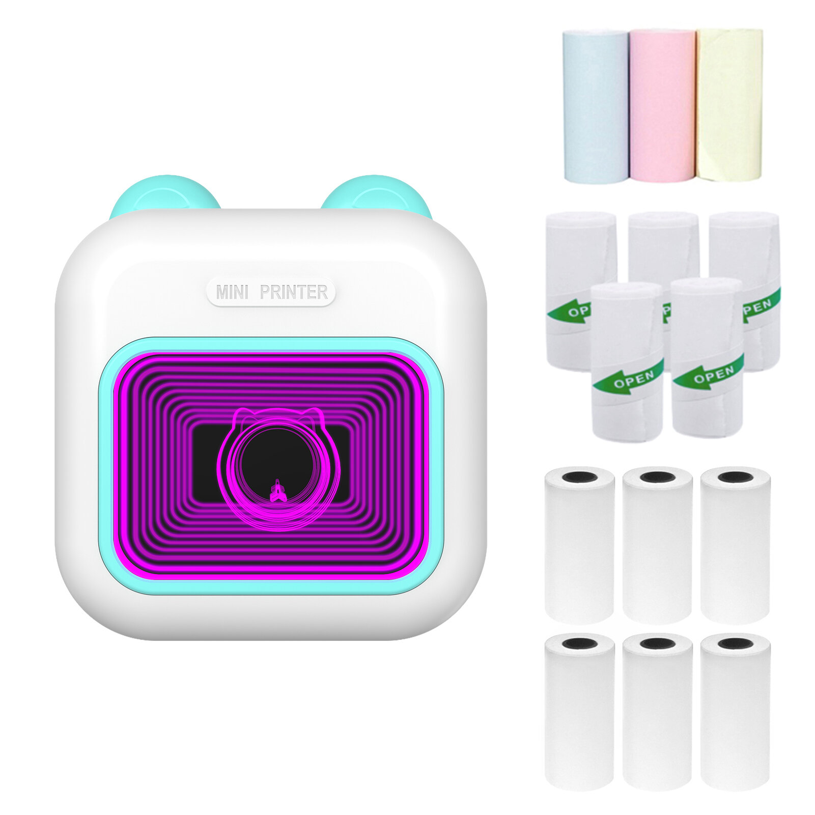 Мини карманный термопринтер, 7-цветная LED подсветка, BT, поддержка этикеток/списков