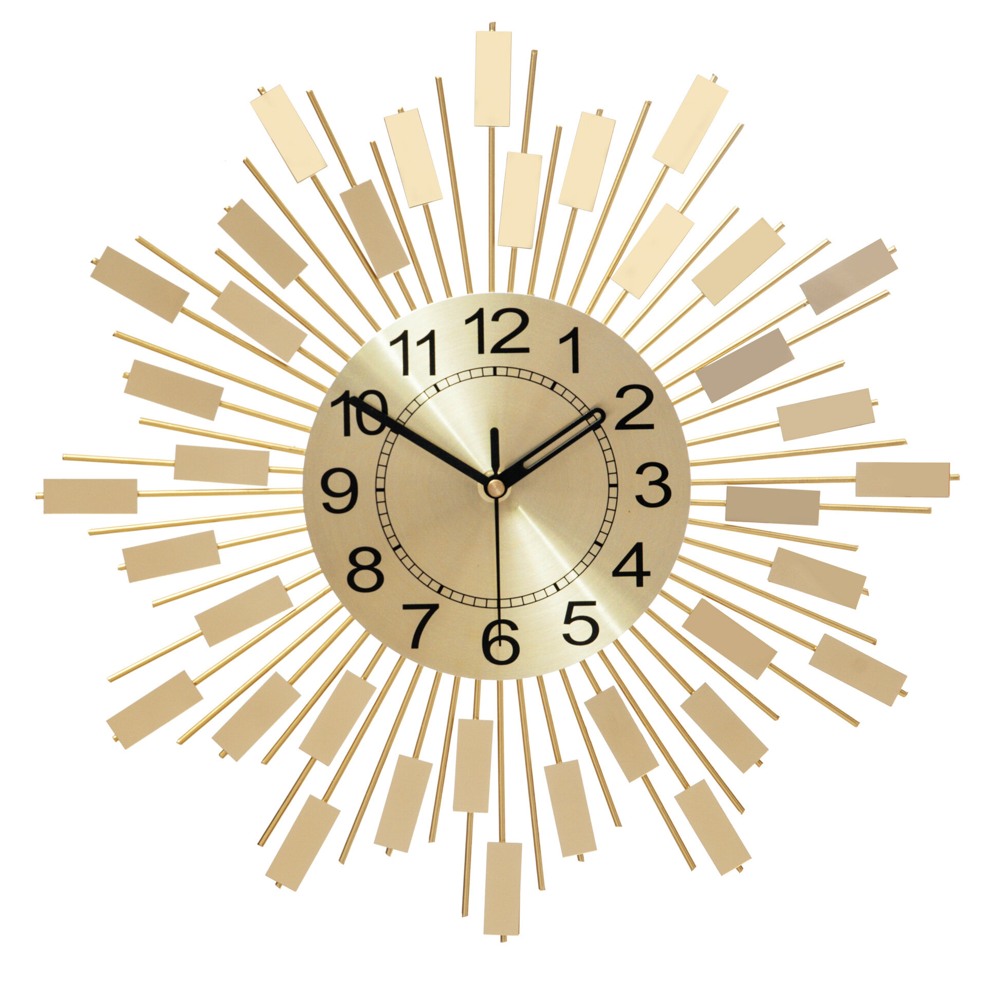 Современные настенные металлические часы 15 дюймов | Бесшумный дизайн без тиканья | Креативный дизайн с солнечными лучами и золотой отделкой | Декоративные часы для гостиной, спальни, офиса | Работают от батареек