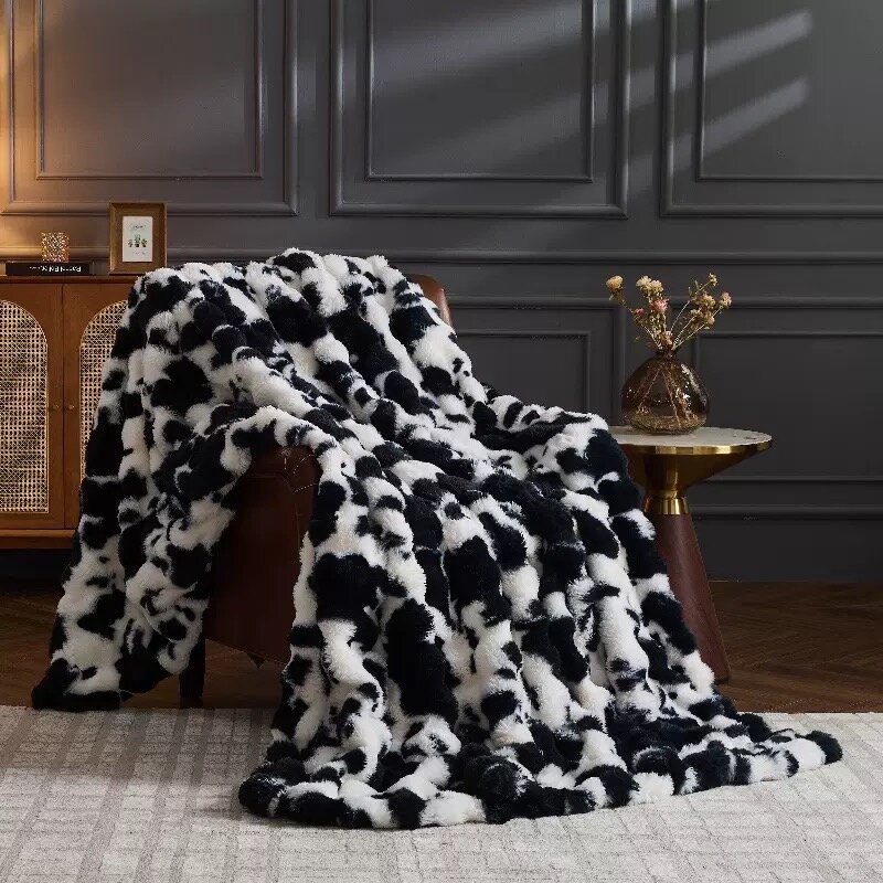 Двустороннее покрывало, евростандарт, искусственный мех, полосатый дизайн，200*230cm