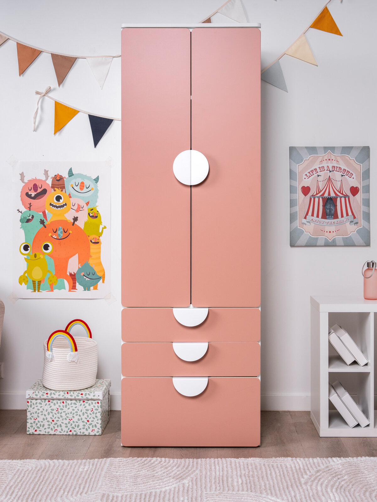 Распашной шкаф ГУД лакк Пикси, с двумя дверьми, тремя ящиками и полкой 60 x 57 x 180 см, розовый