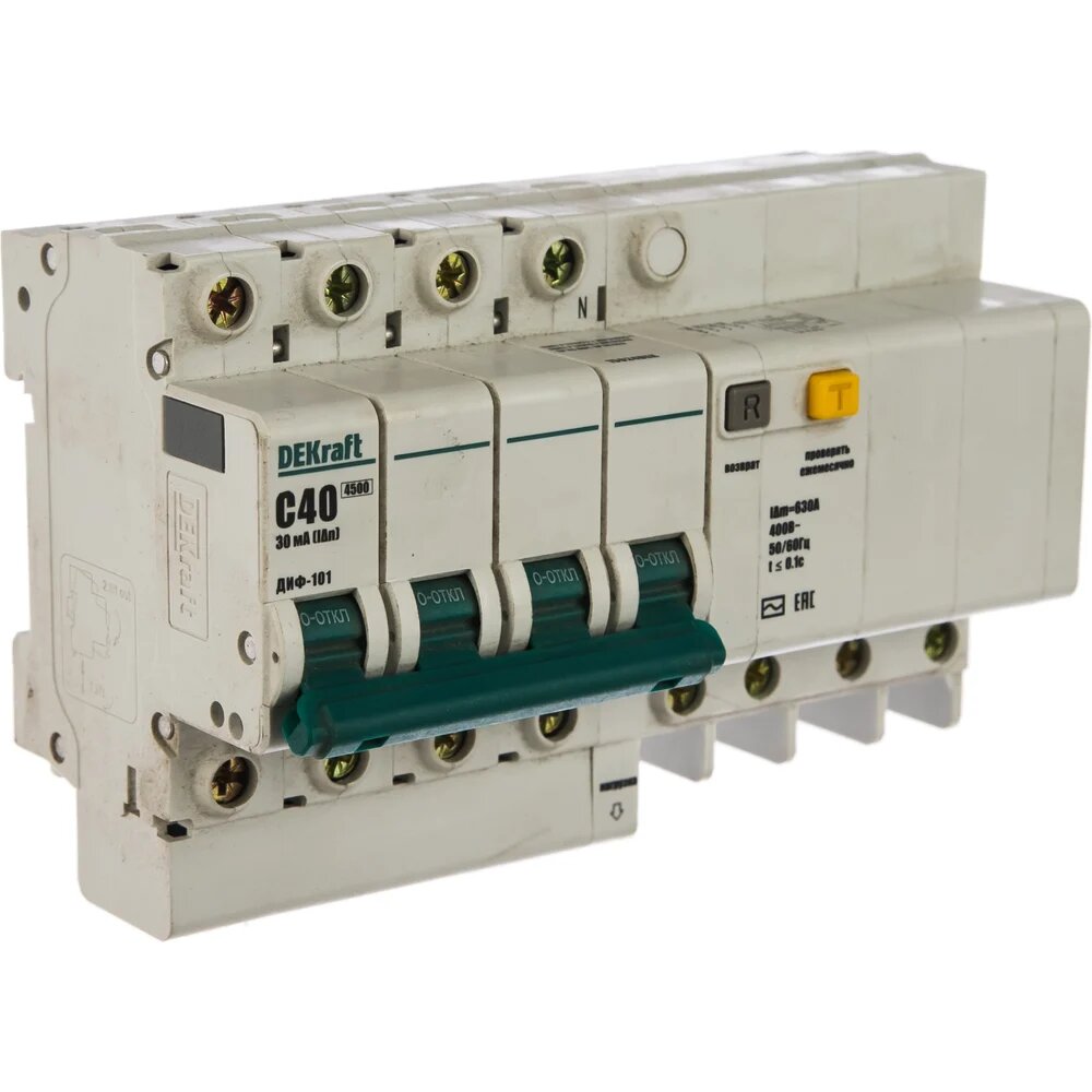 Dekraft Автоматический выключатель дифференциального тока (АВДТ), ДИФ-101, 4 Р, хар-ка C, 40 A, 30 мА, тип AC, 4.5кА 15024DEK