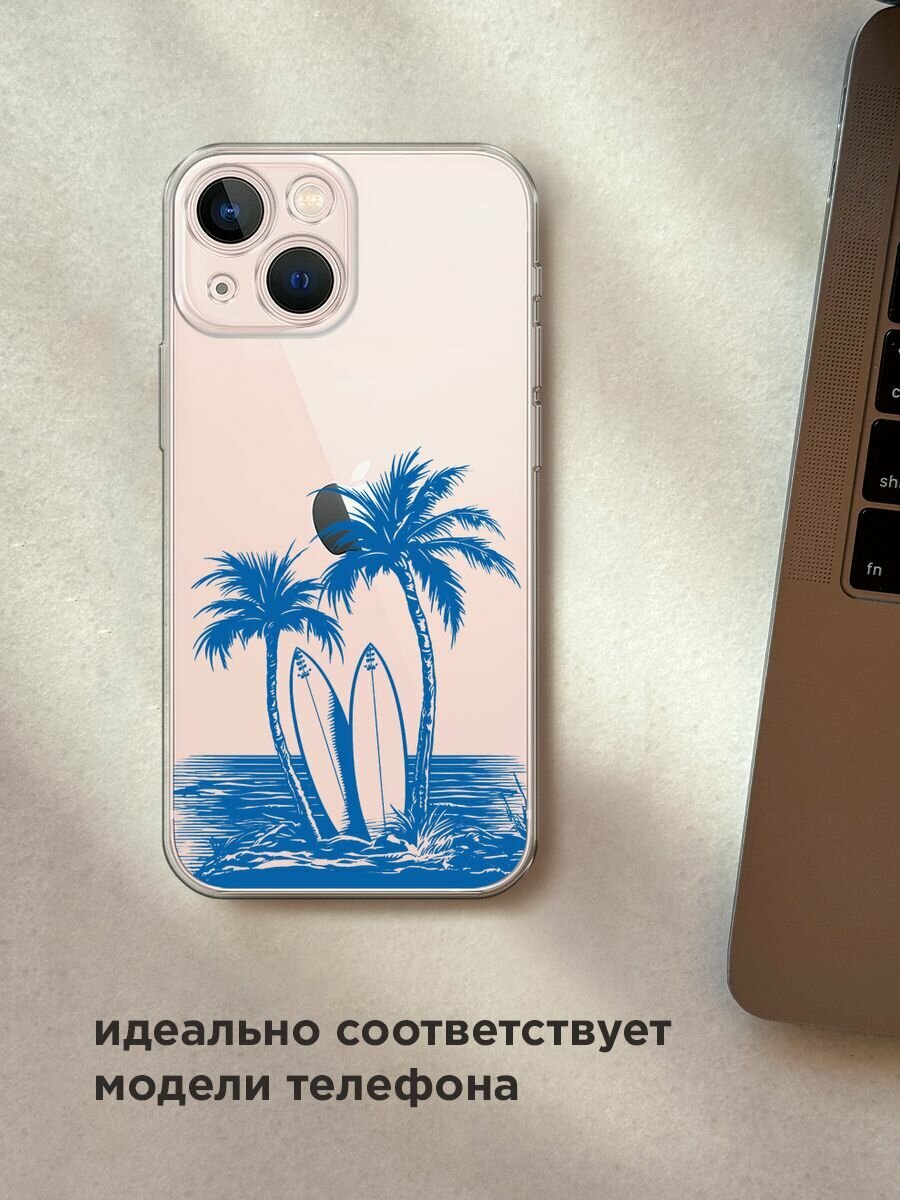 Чехол на Apple iPhone 13 mini / Айфон 13 мини с принтом "Сёрфинг на островах 1", прозрачный — фото 1
