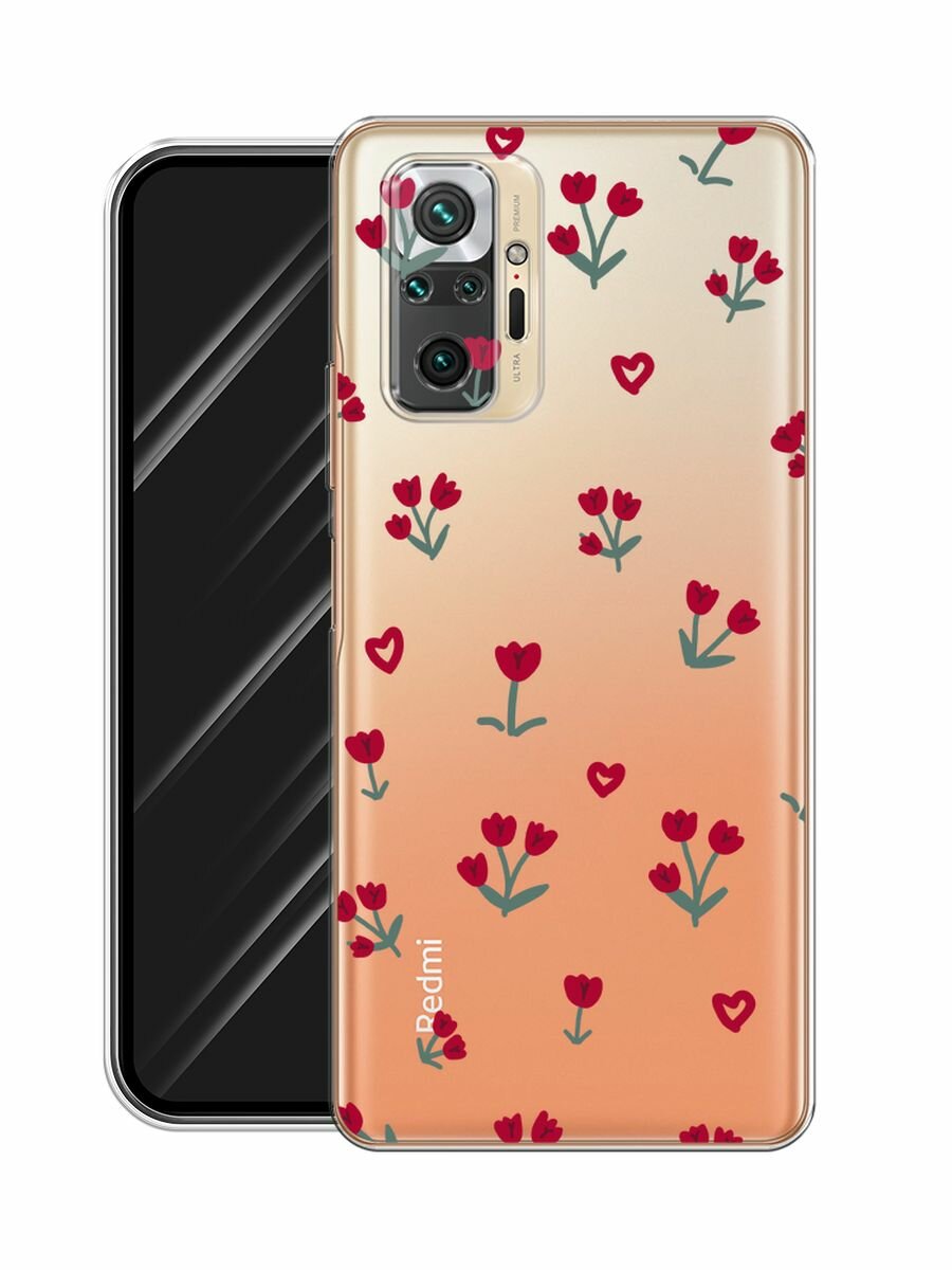 Чехол на Xiaomi Redmi Note 10 Pro / Сяоми Редми Нот 10 Pro с принтом "Красные тюльпанчики", прозрачный — фото 1