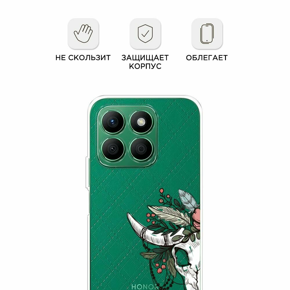 Чехол на Honor X8B / Хонор X8B с принтом Череп быка с цветами, прозрачный — фото 1