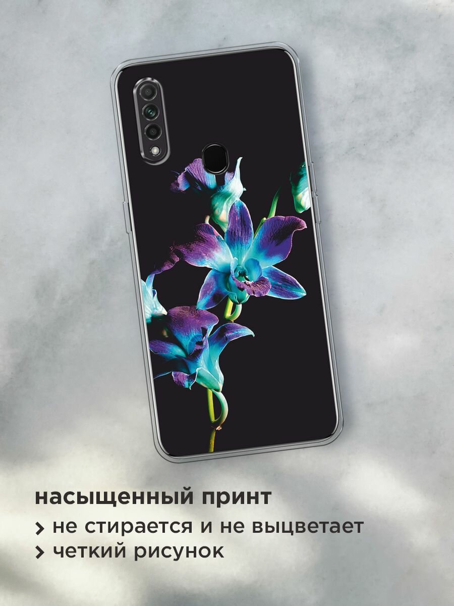 Чехол на Oppo A31 / Оппо А31 с принтом "Синий цветок на черном" — фото 1