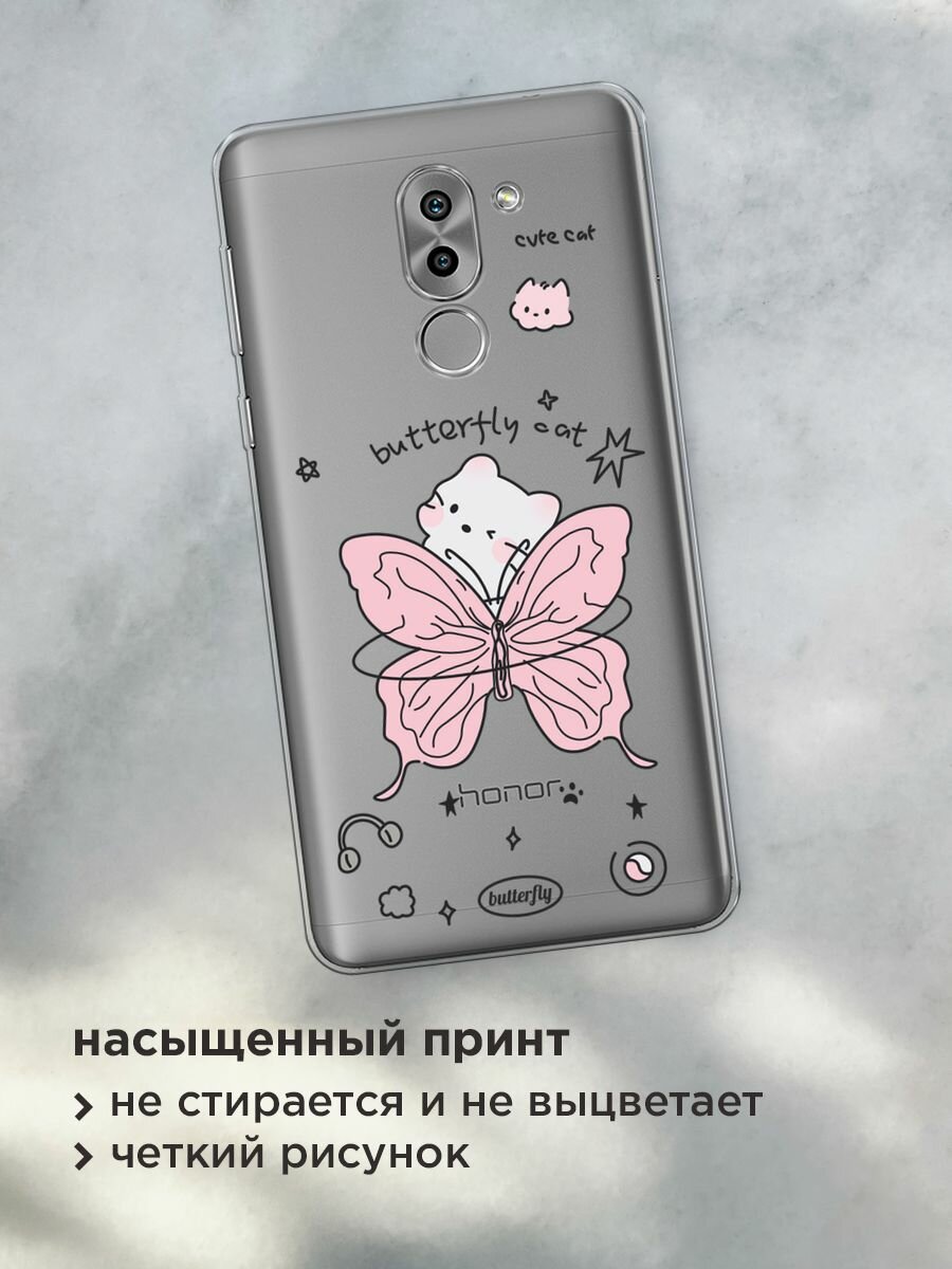 Чехол на Honor 6X / Хонор 6Х с принтом "Котик-бабочка", прозрачный — фото 1
