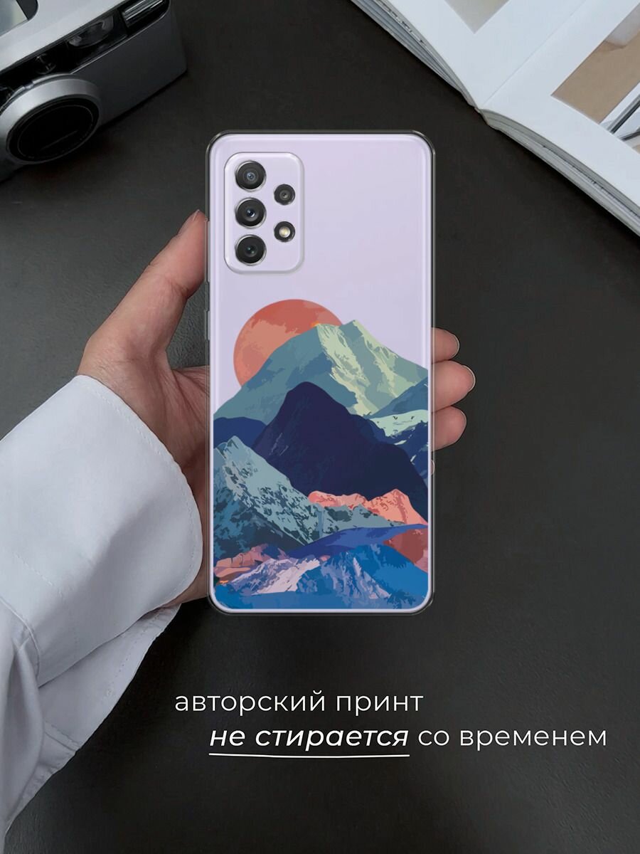 Чехол на Samsung Galaxy A73 / Самсунг Галакси А73 с принтом "Закат в снежных горах", прозрачный — фото 1