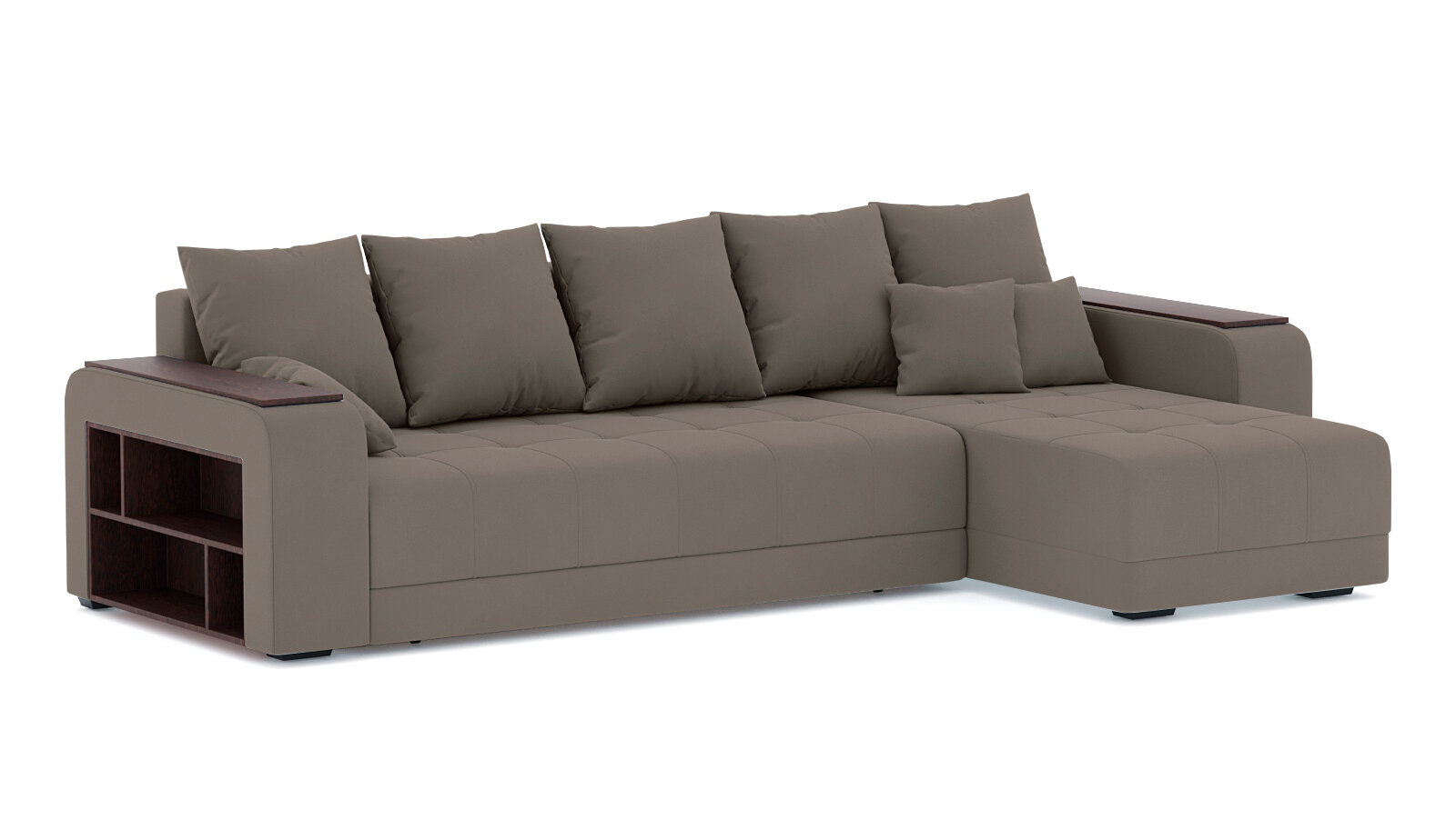 Угловой диван кровать Дубай, угол универсальный, полки в подлокотнике, велюр Зара Лайт Браун 05