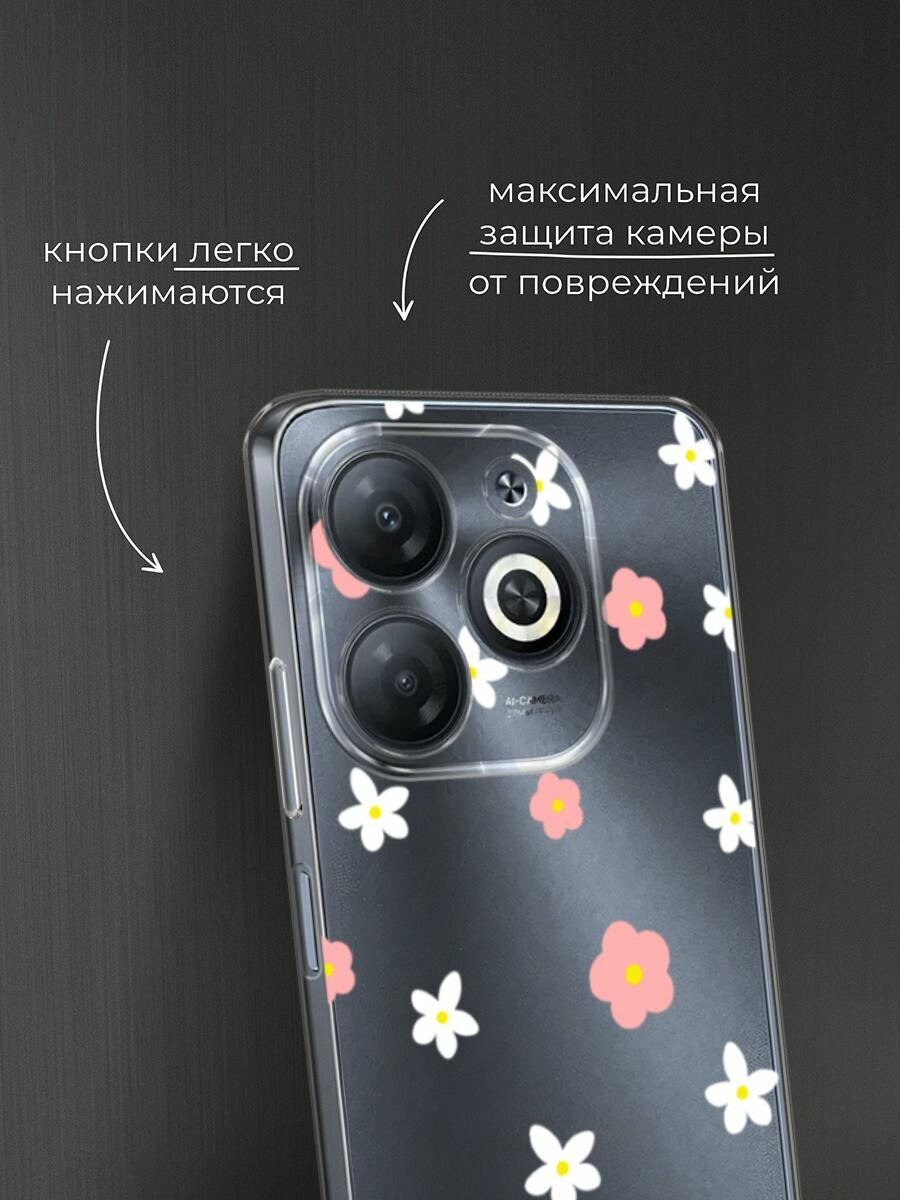 Чехол на Infinix Smart 8/8 HD/HOT 40i / Инфиникс Смарт 8/8 HD/HOT 40i с принтом "Розовые и белые цветы", прозрачный — фото 1