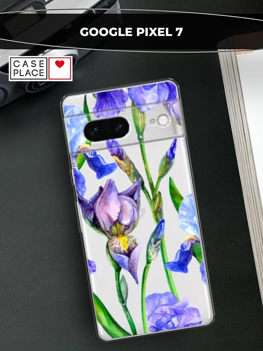 Чехол на Google Pixel 7 / Гугл Пиксель 7 с принтом "Синие ирисы", прозрачный