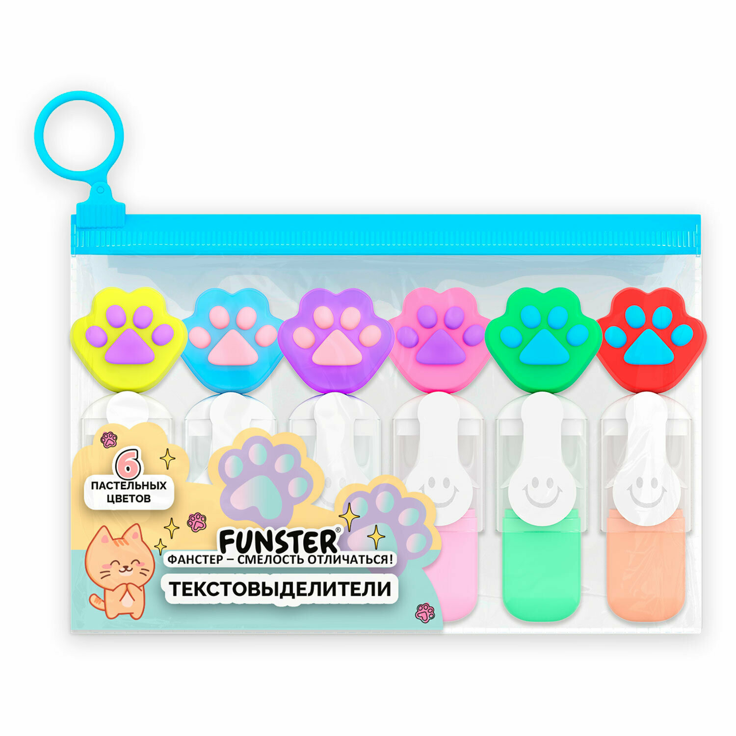 Набор текстовыделителей FUNSTER с топперами 6 цветов пастель, "Лапки", линия 1-4 мм