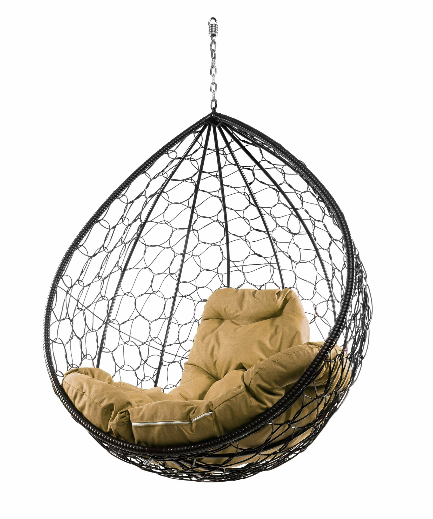 Подвесное кресло капля (без стойки), с ротангом черное, бежевая подушка
