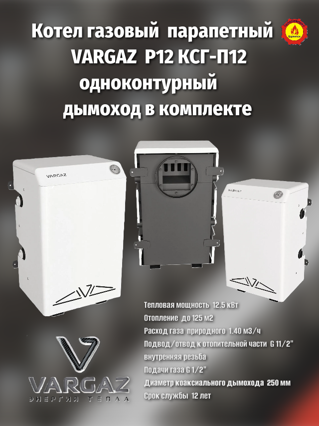 Котёл газовый парапетный КСГ-12,5Р "VARGAZ" + дымоход в комплекте (Таганрог)